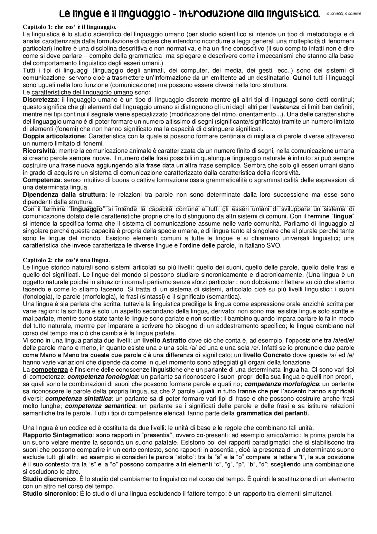 Le Lingue E Il Linguaggio G Graffi And S Scalise Riassunto Docsity