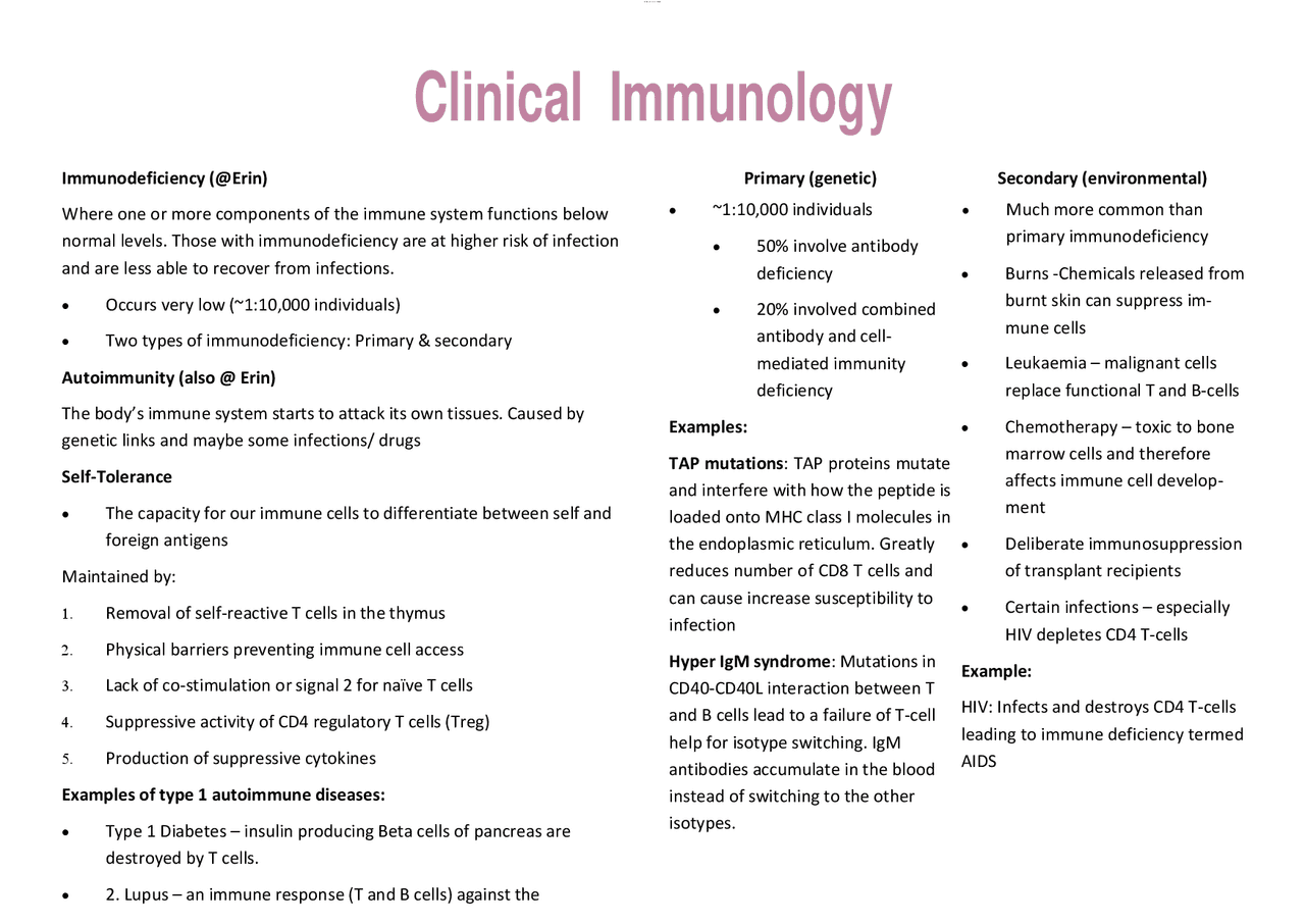 Biology Clinical Immunology Class Lecture Notes Docsity