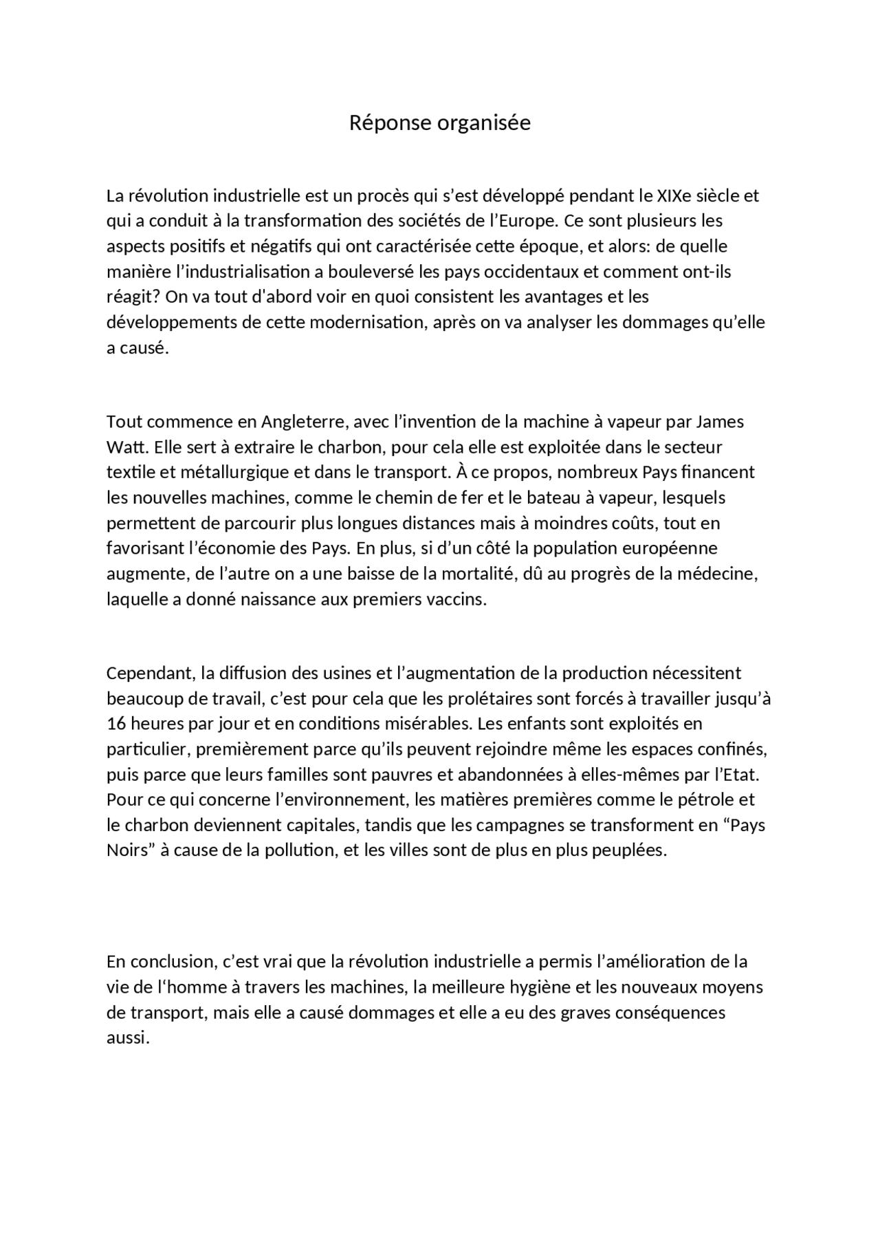 Réponse Organisée Sur La Révolution Industrielle Docsity