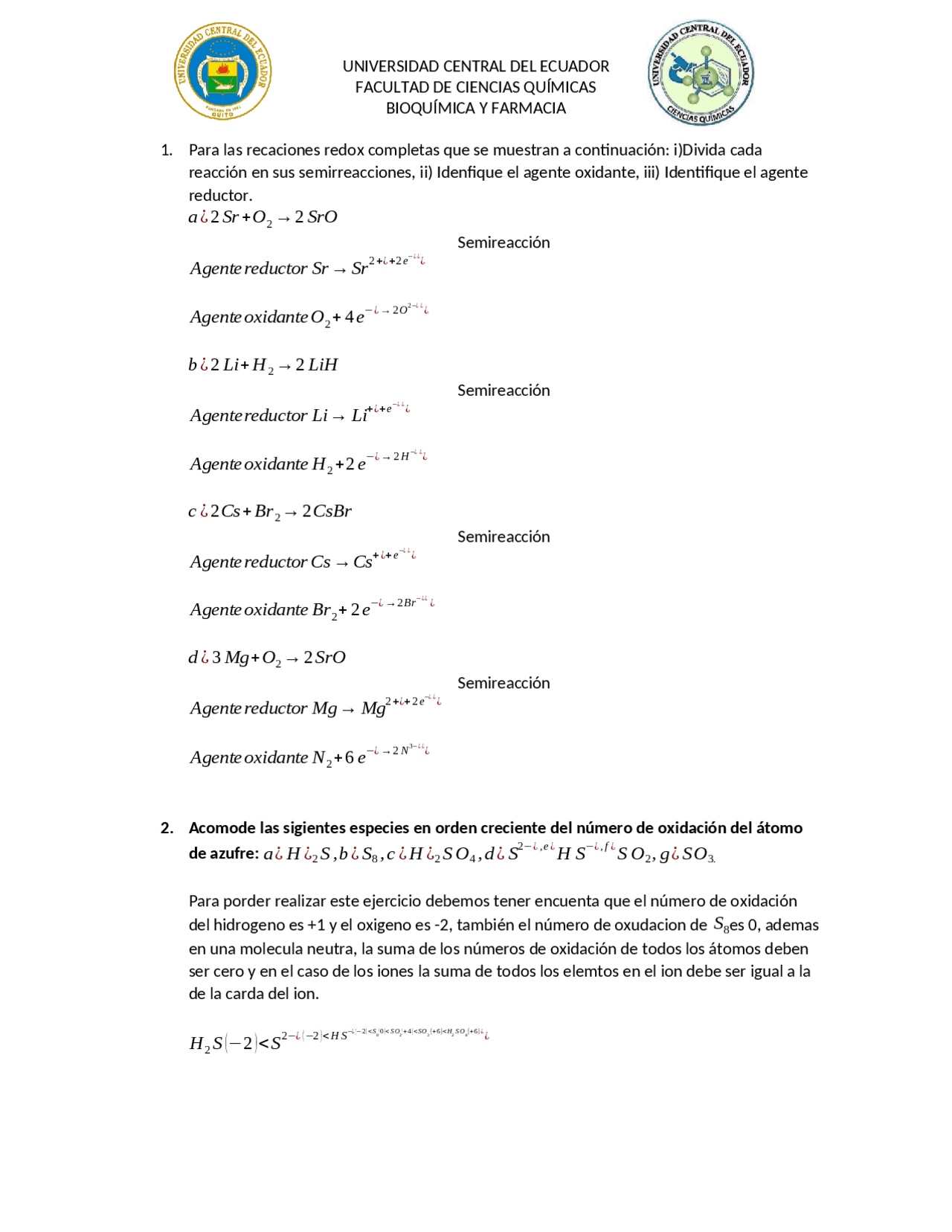 Ejercicios De Química Redox Docsity