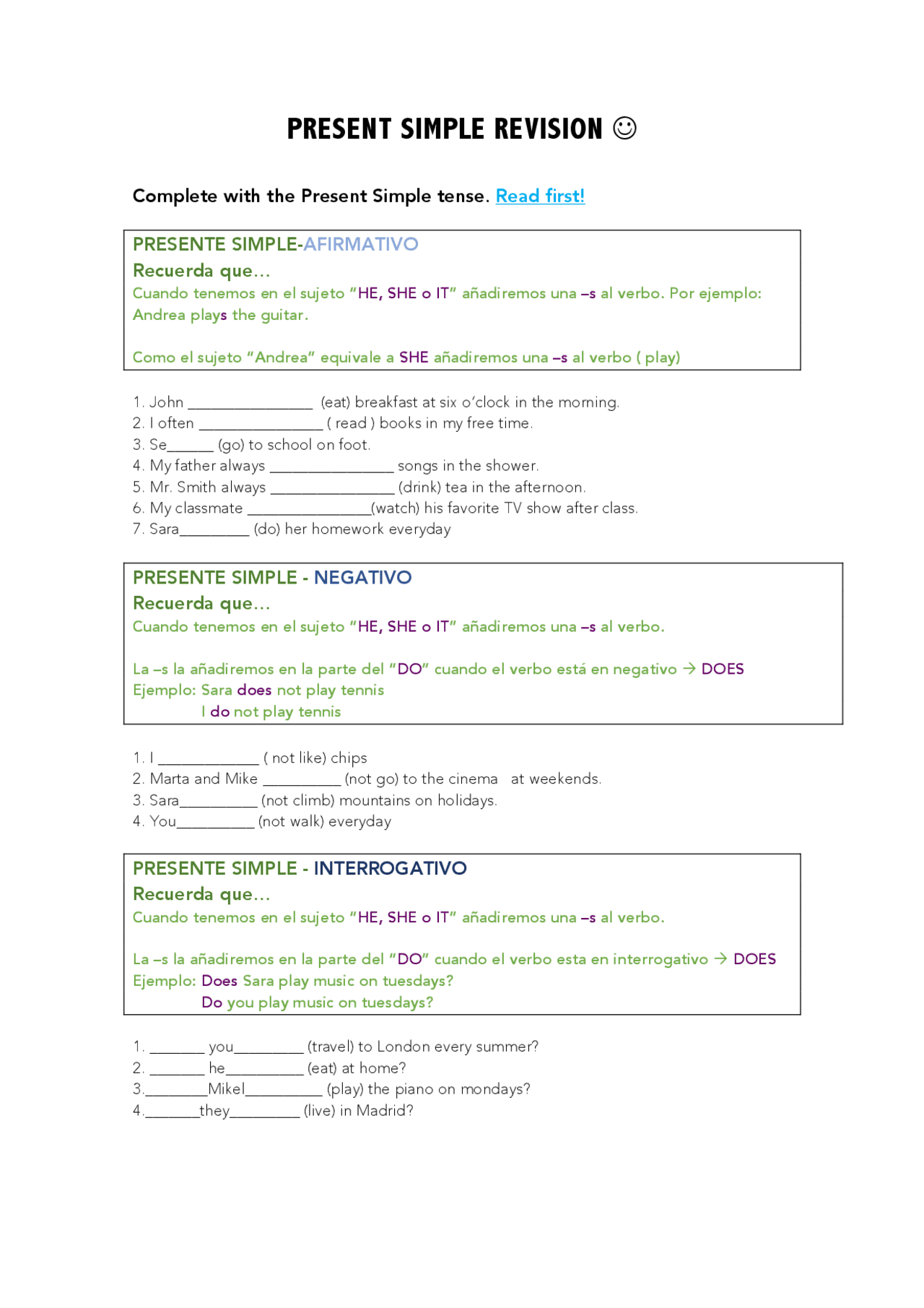 Present Simple Exercises - Docsity