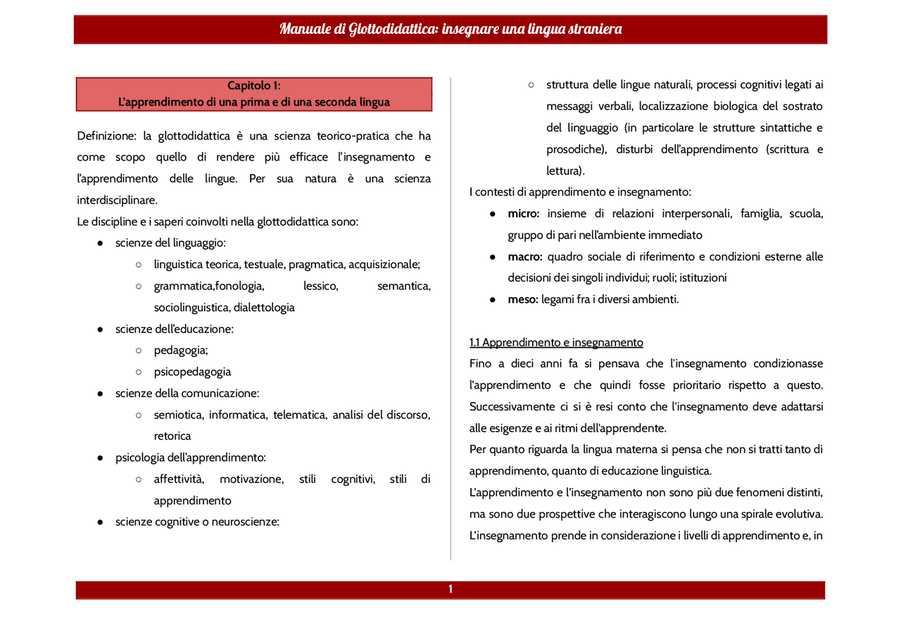 Manuale Di Glottodidattica Insegnare Una Lingua Straniera Docsity