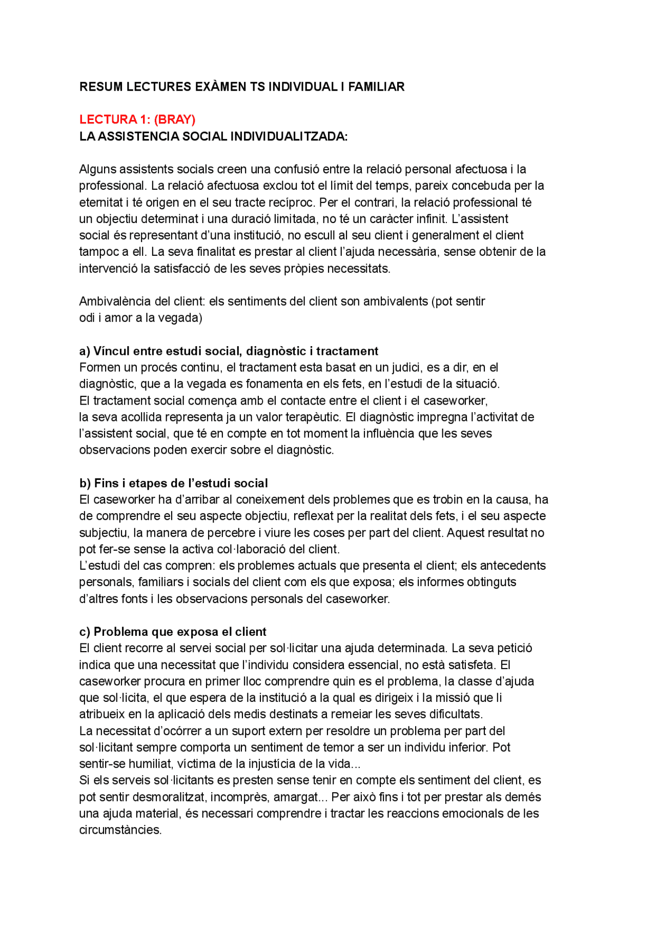 Resum Lectures De Treball Social Individual I Familiar Docsity