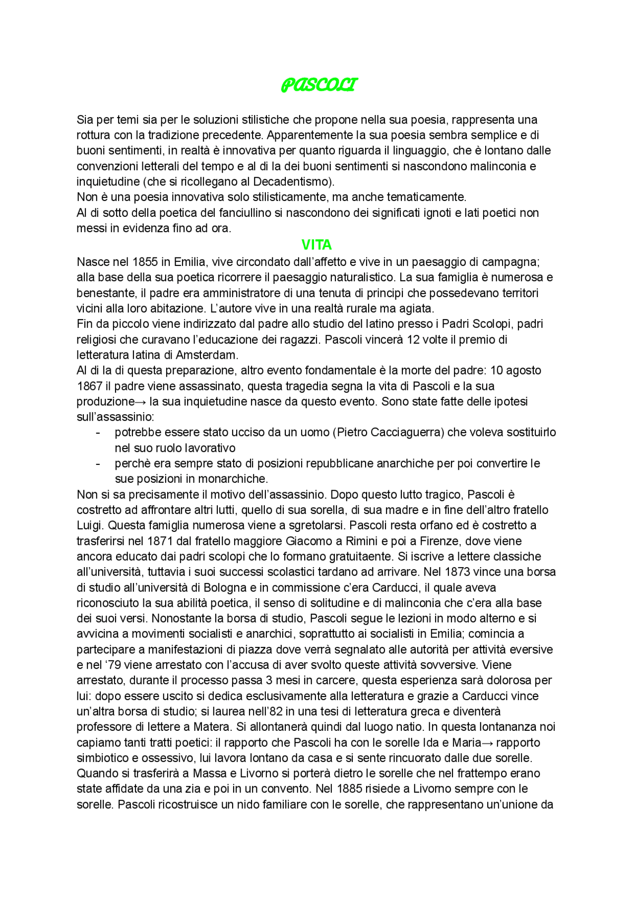Appunti Di Italiano Su Pascoli Docsity