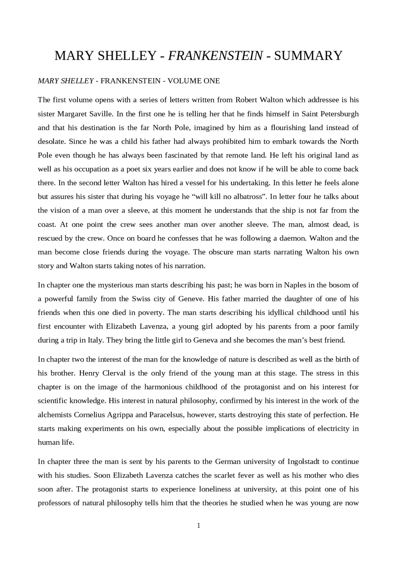 Mary Shelley - Frankenstein - Summary - Docsity