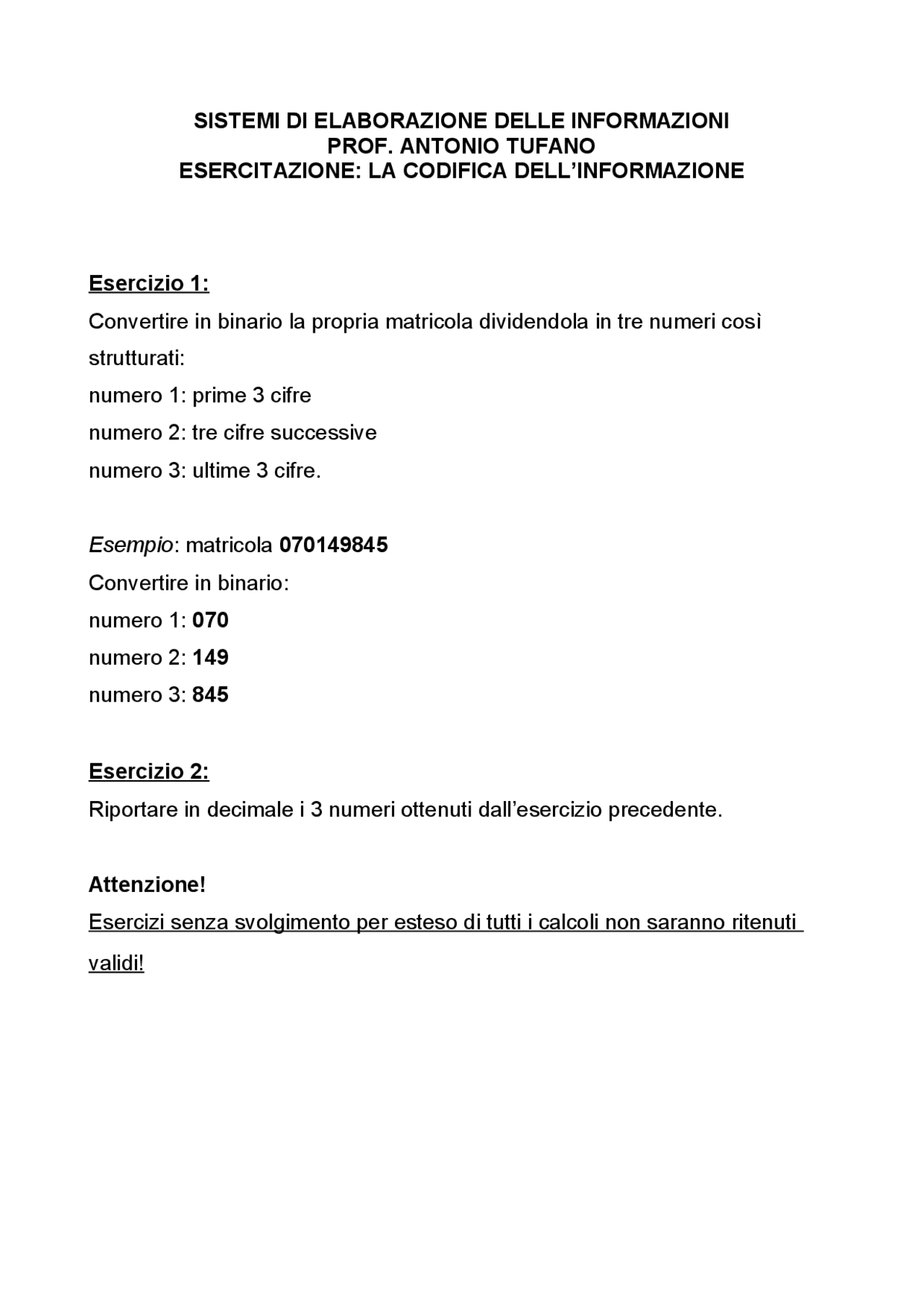 Esercizi sul Codice Binario: Convertire e Ritornare in Decimale - Prof ...