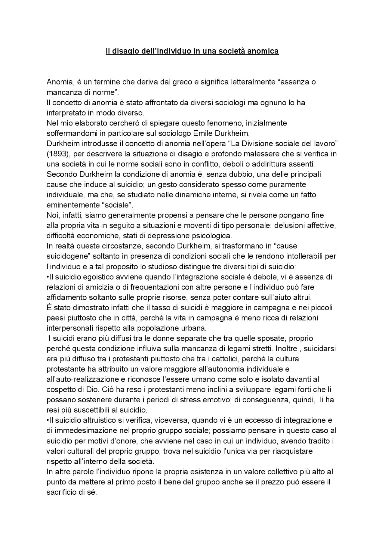 Anomia Durkheim E Il Suicidio Docsity