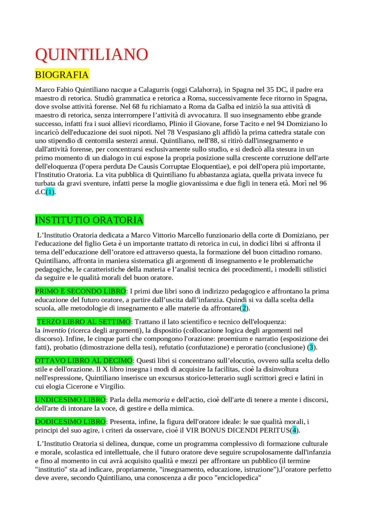VITA E OPERE QUINTILIANO - Docsity