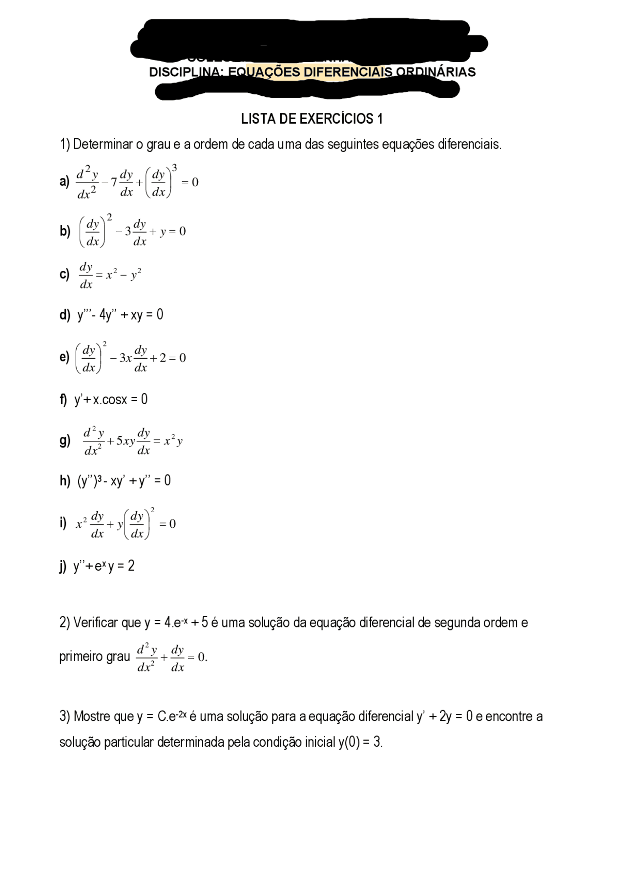 Lista 1 De Edo Resolvida Exercícios Equações Diferenciais Docsity