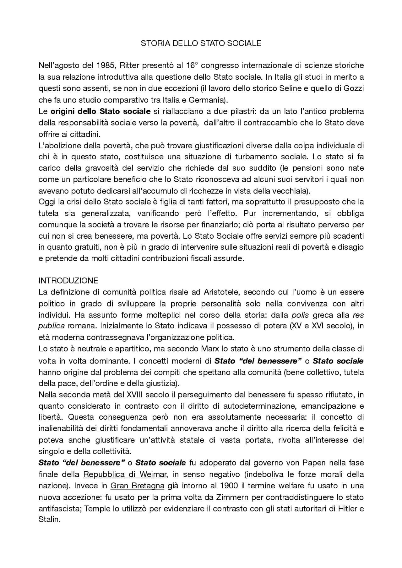 Storia Dello Stato Sociale Docsity