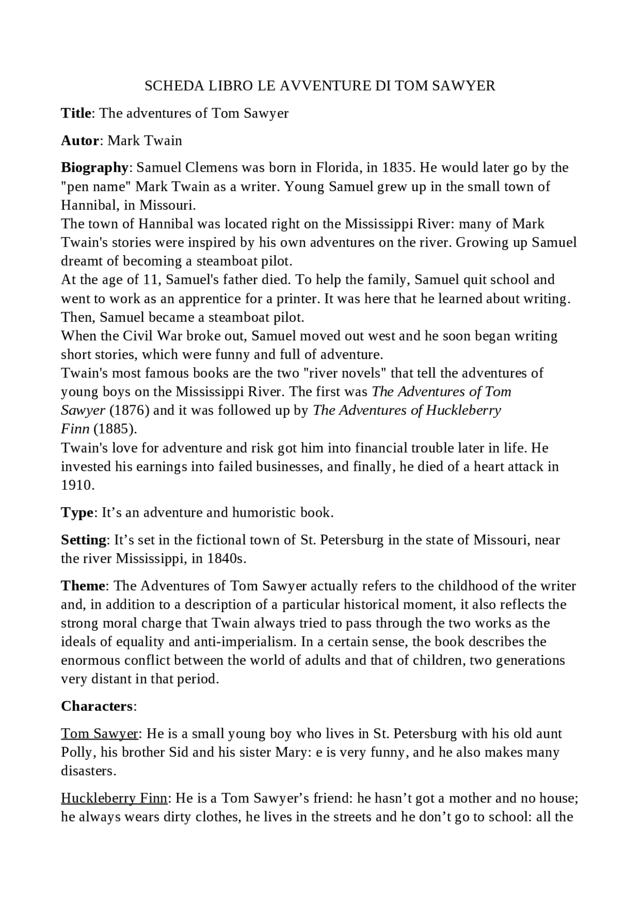 Book review of the adventures of Tom Sawyer | Summaries English | Docsity