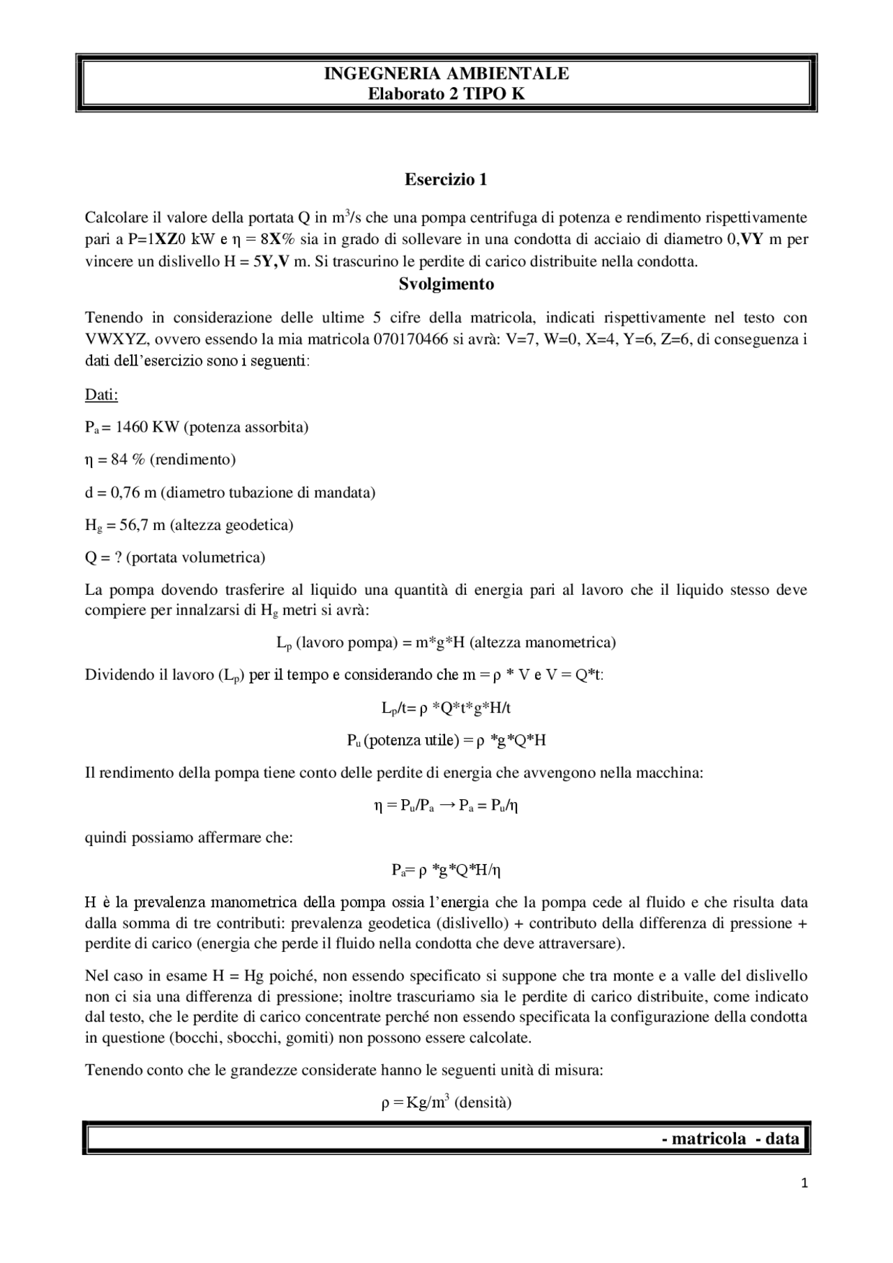 Ingegneria Ambientale Elaborato 2 Tipo K Docsity