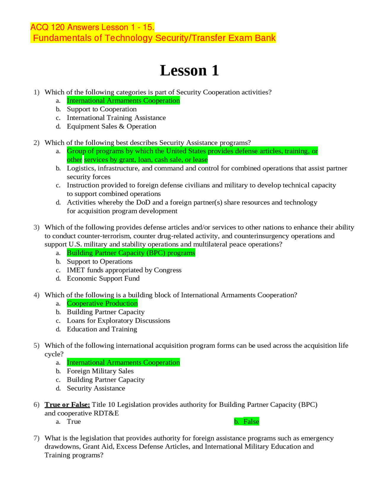 ACQ 120 Answers Lesson 1 - 15. Fundamentals of Technology Security/Transfer Exam Bank LA | Exams ...