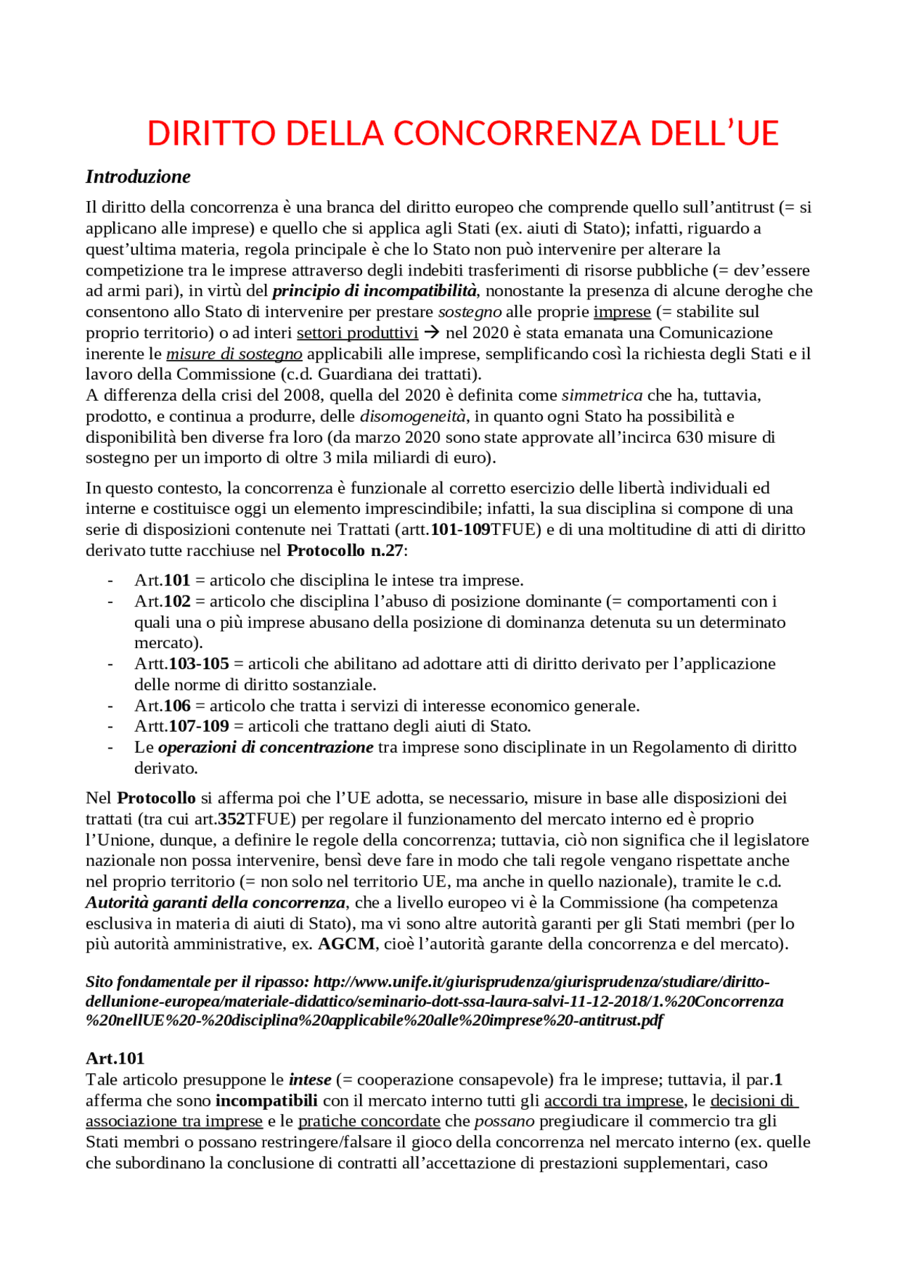 Dispense di diritto della concorrenza dell'Unione Europea - Docsity
