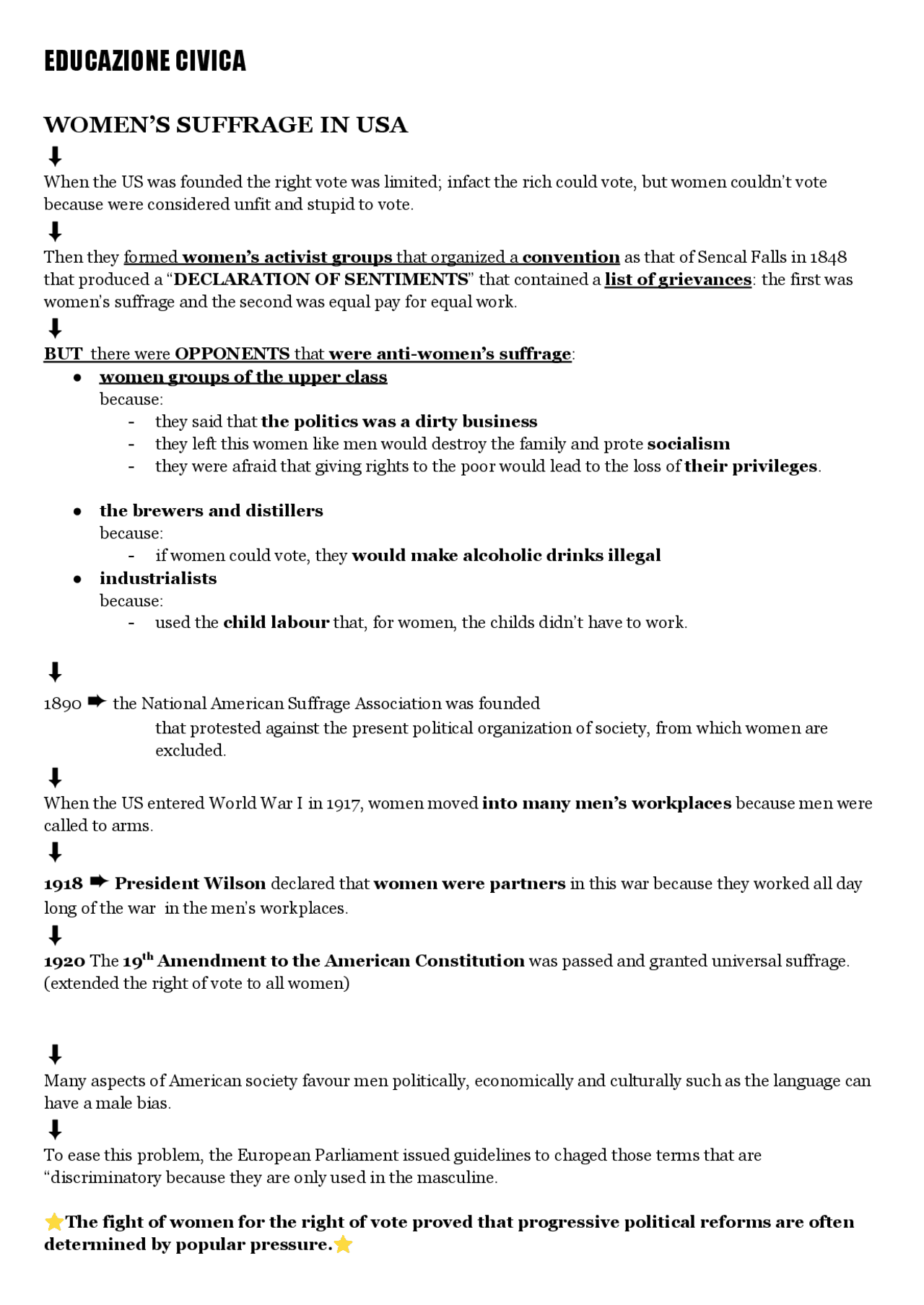 EDUCAZIONE CIVICA-WOMEN’S SUFFRAGE IN USA - Docsity