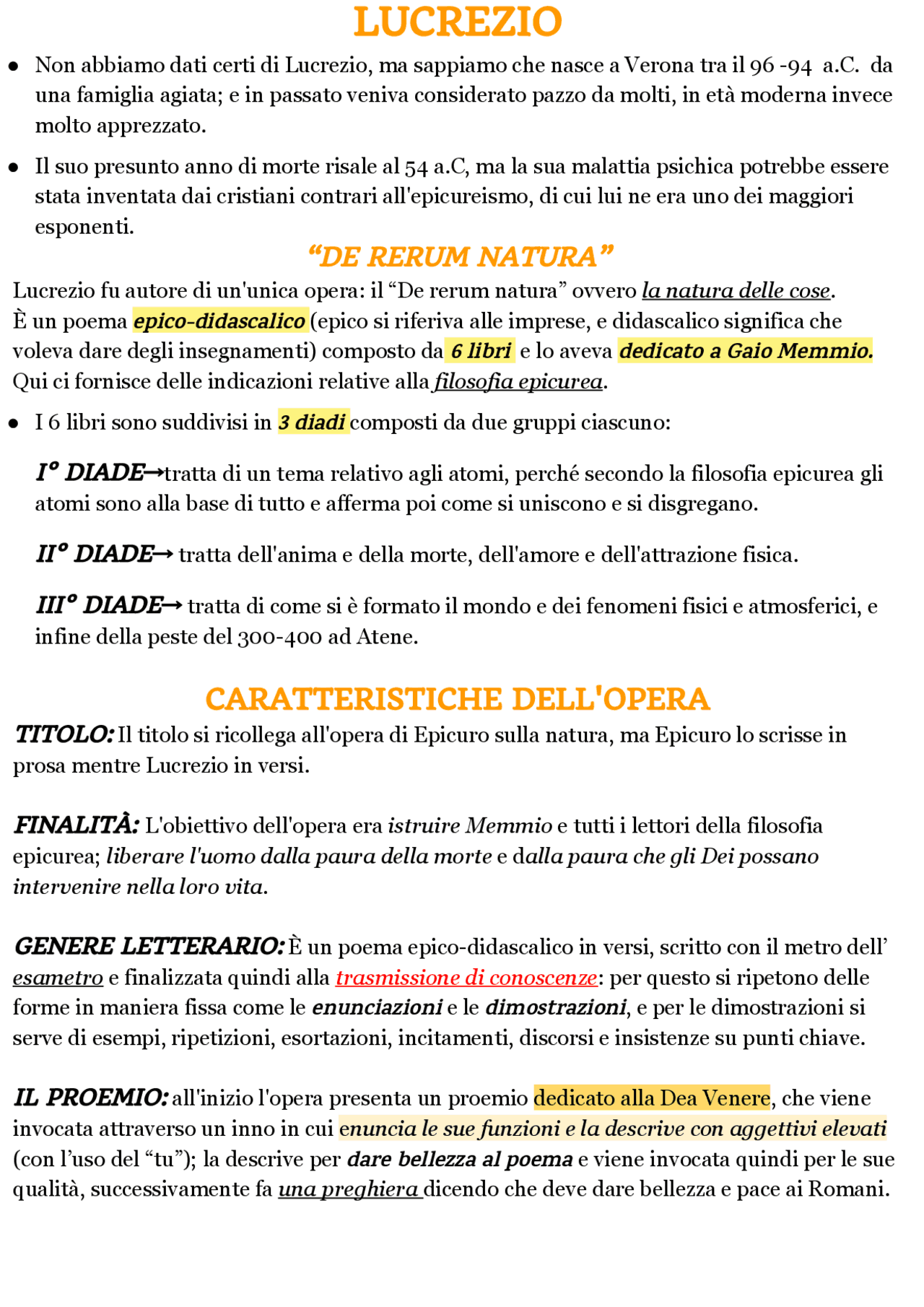 Lucrezio, vita, opere (letteratura latina) - Docsity