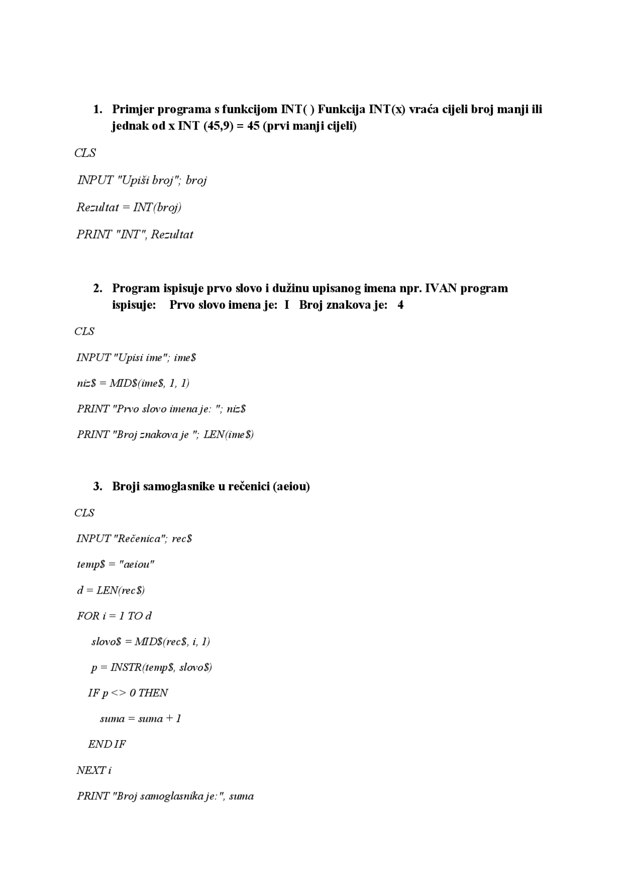 Vježbe za funkcije - programski jezik QB | Vežbe' predlog Računarstvo i informatika - Docsity