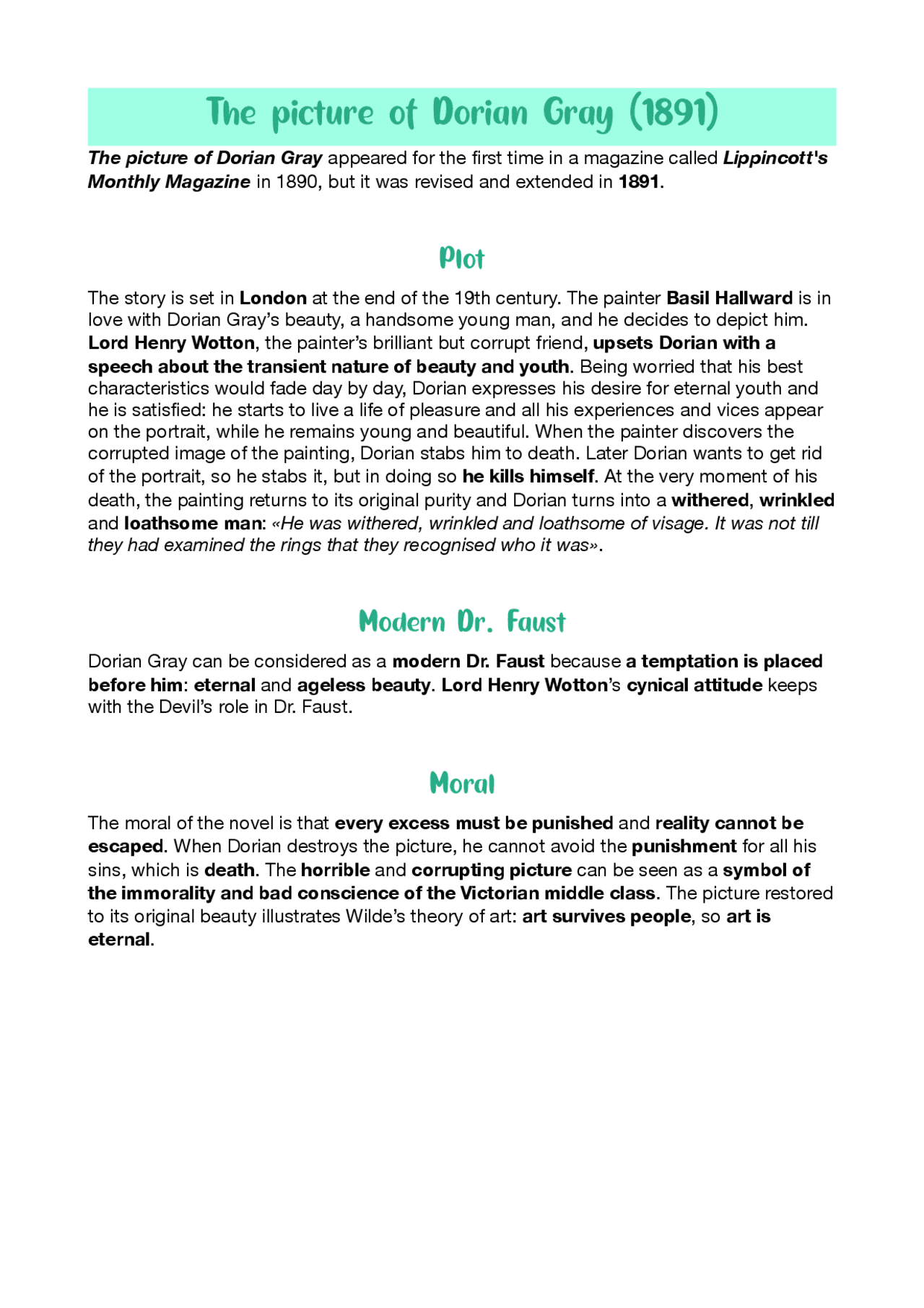 The Picture of Dorian Gray, Oscar Wilde (quinta liceo, Maturità) - Docsity