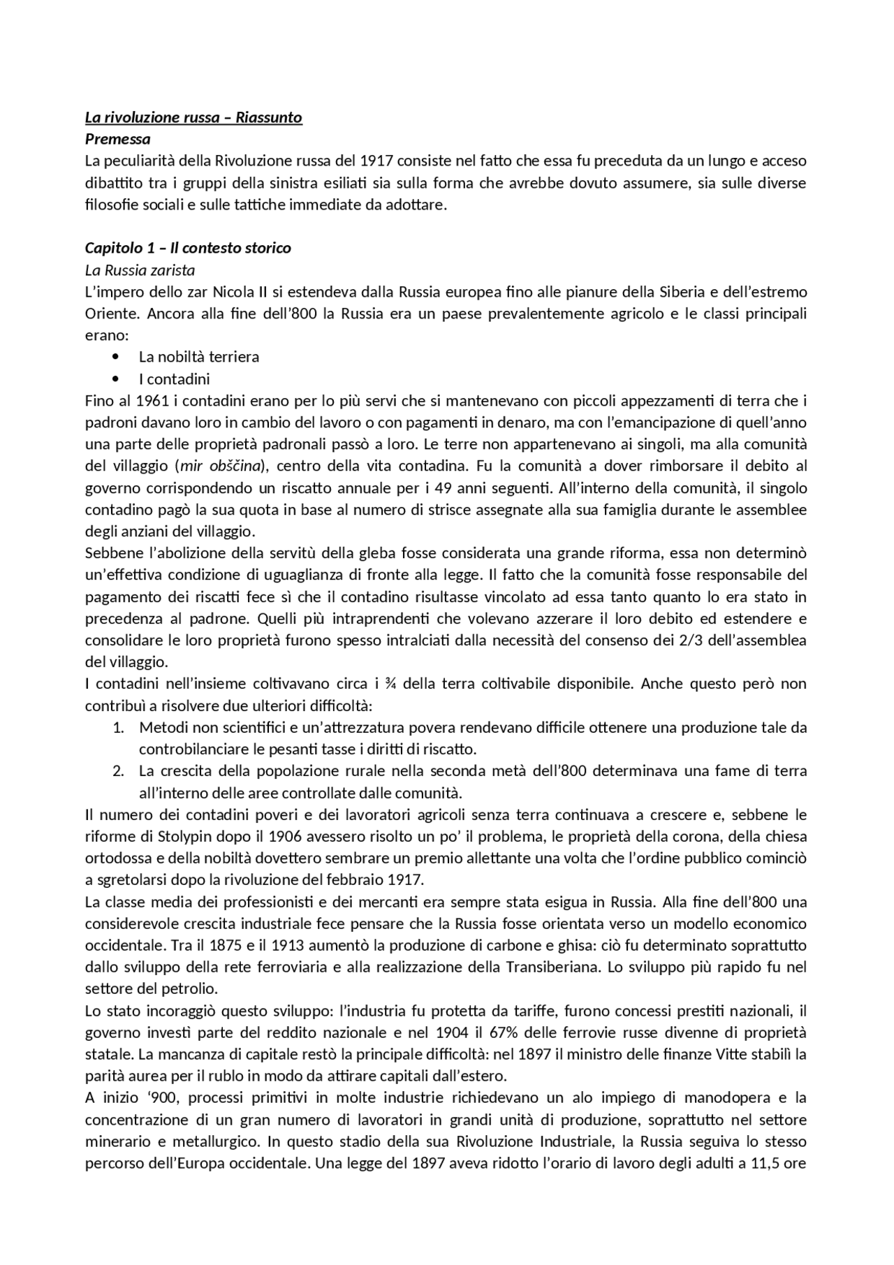 Riassunto La Rivoluzione Russa Docsity
