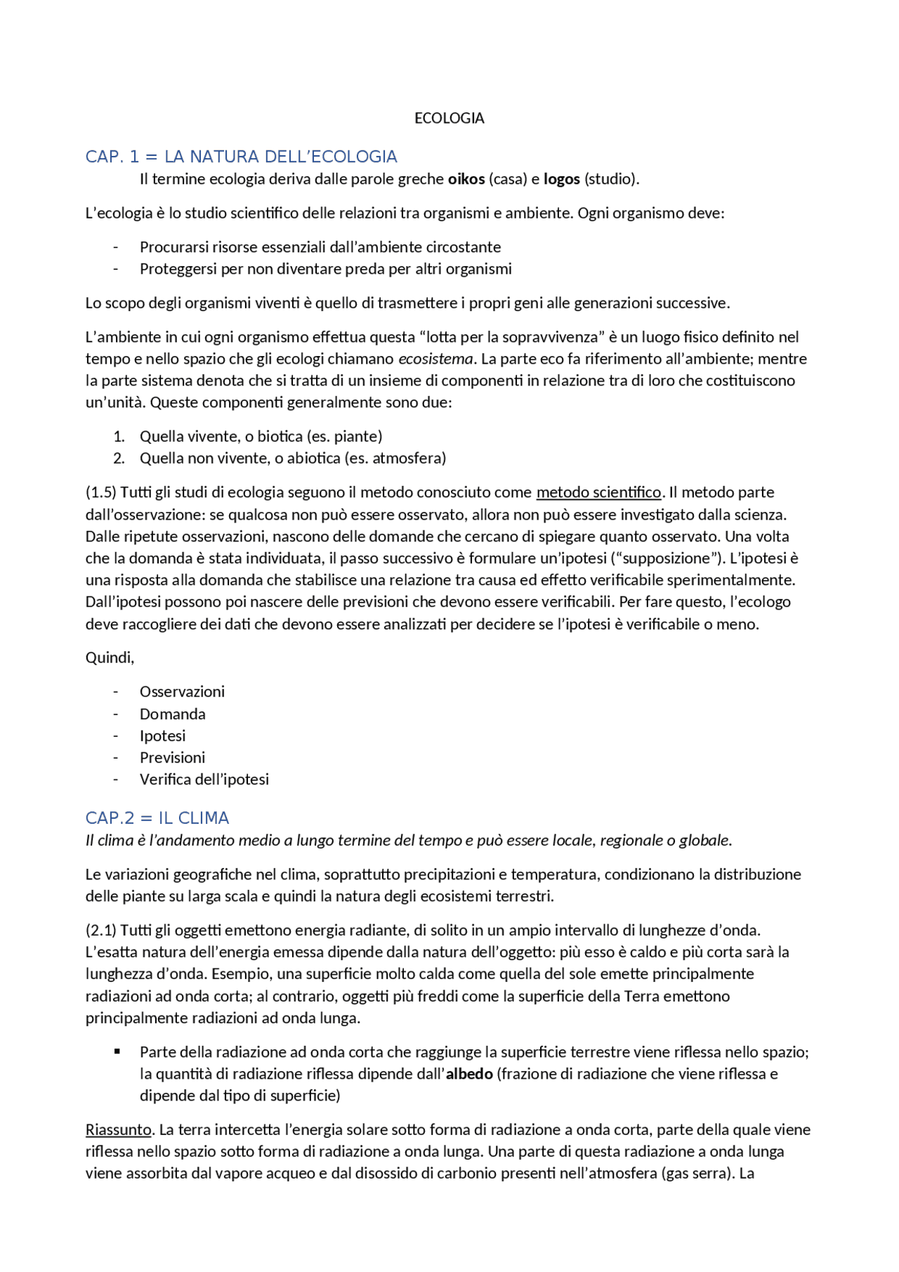 Riassunto Elementi Di Ecologia Docsity