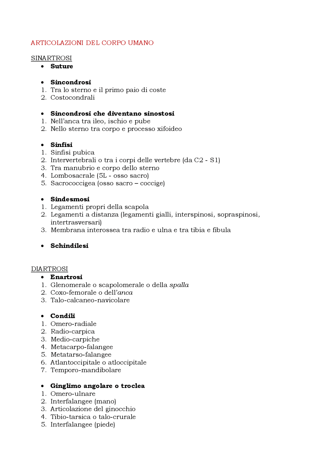 Articolazioni del corpo umano | Schemi e mappe concettuali di Anatomia I | Docsity