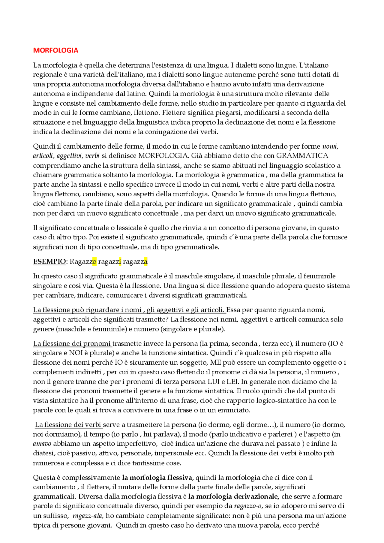 Riassunto Con Appunti Della Morfologia Docsity