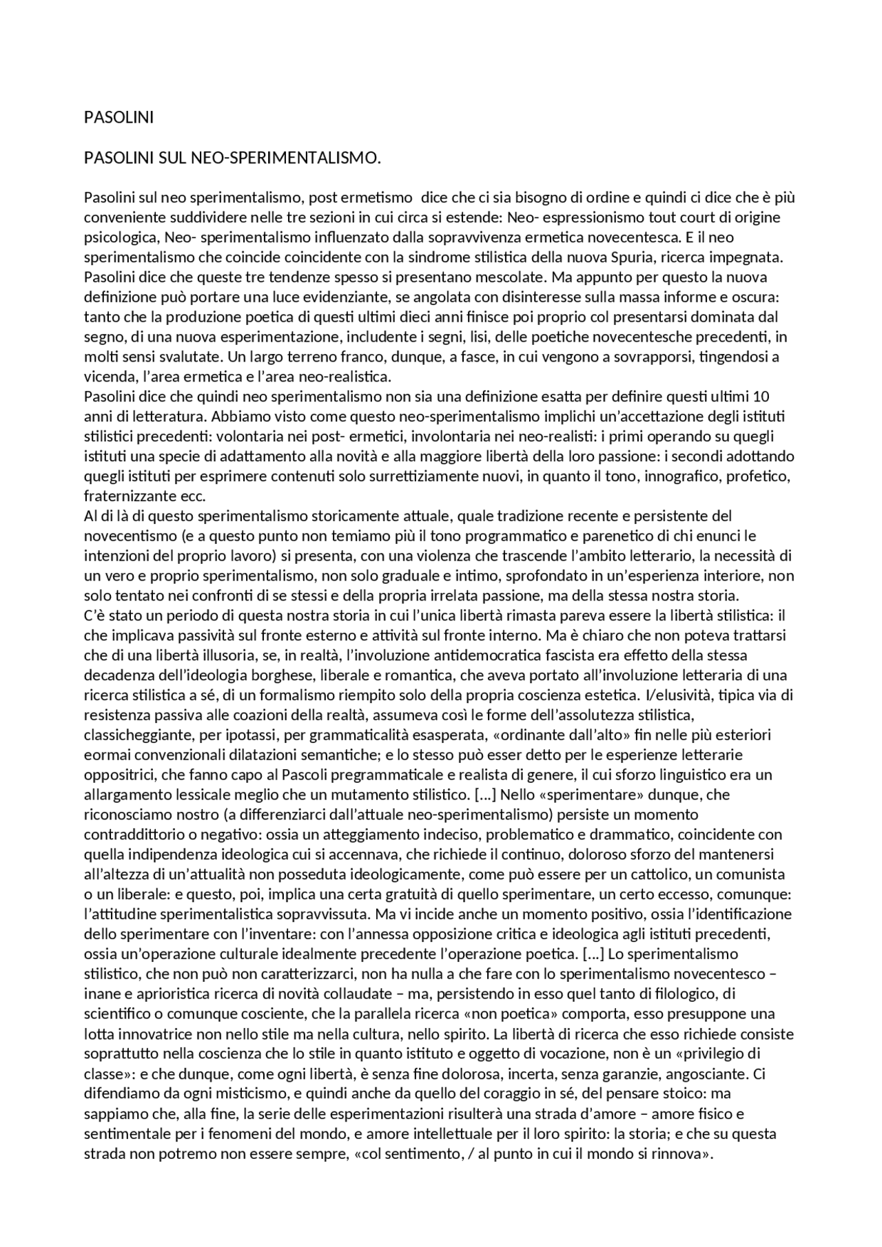 Pasolini Sul Neo Sperimentalismo Docsity