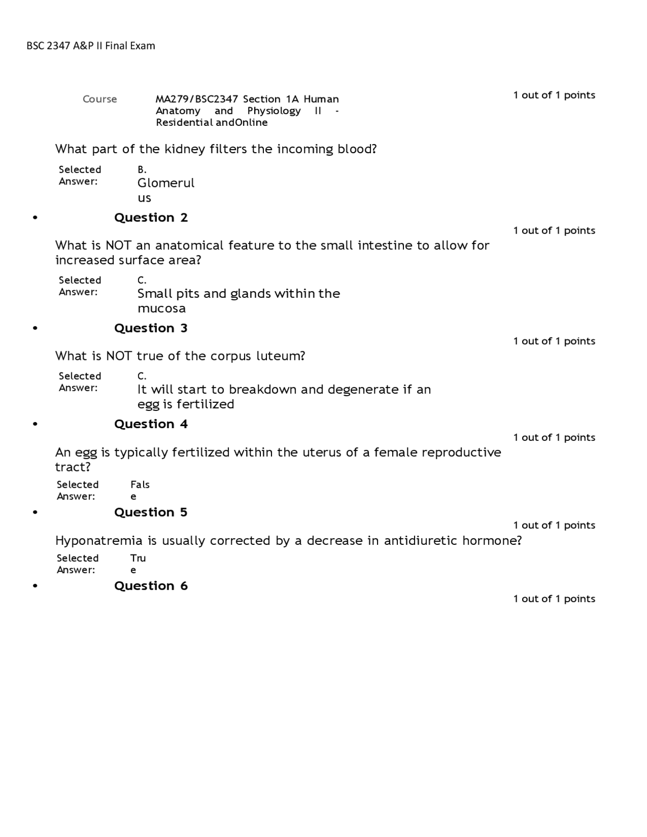 Bsc 2347 Aandp Ii Final Exam Docsity