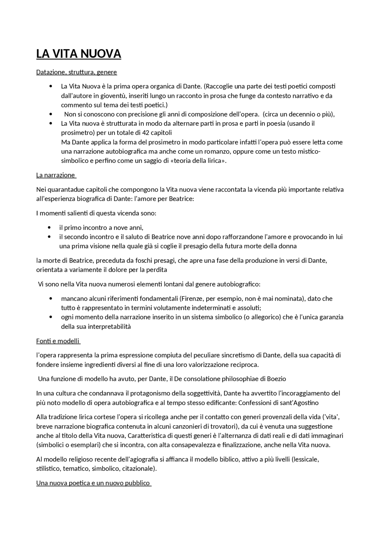 Vita nuova riassunto importante - Docsity