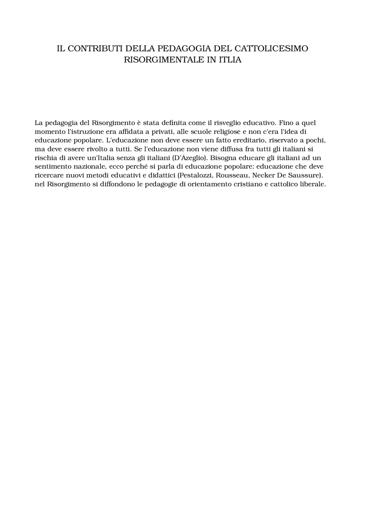 Cattolicesimo Risorgimentale in Italia - Docsity