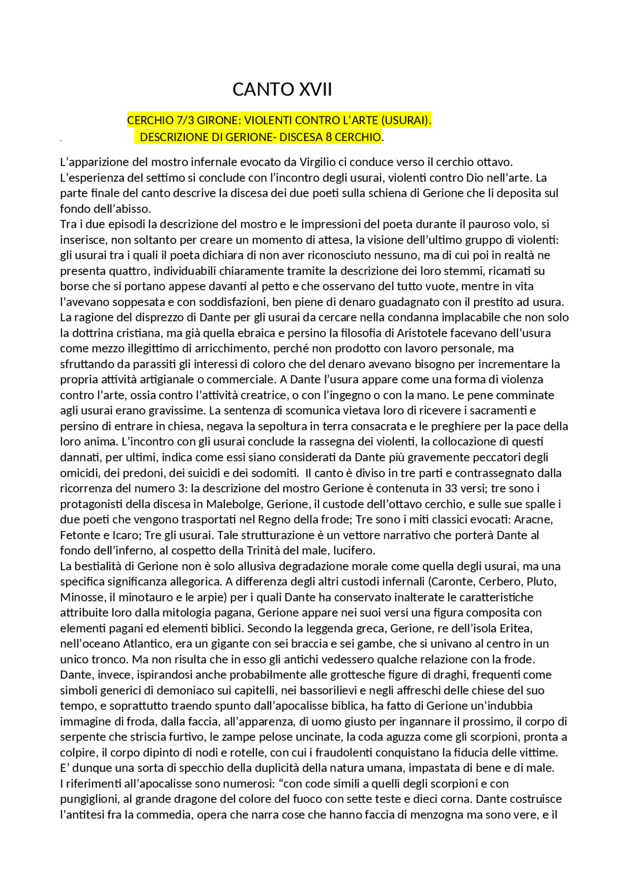 CANTO XVII INFERNO DANTE | Appunti di Letteratura Italiana | Docsity