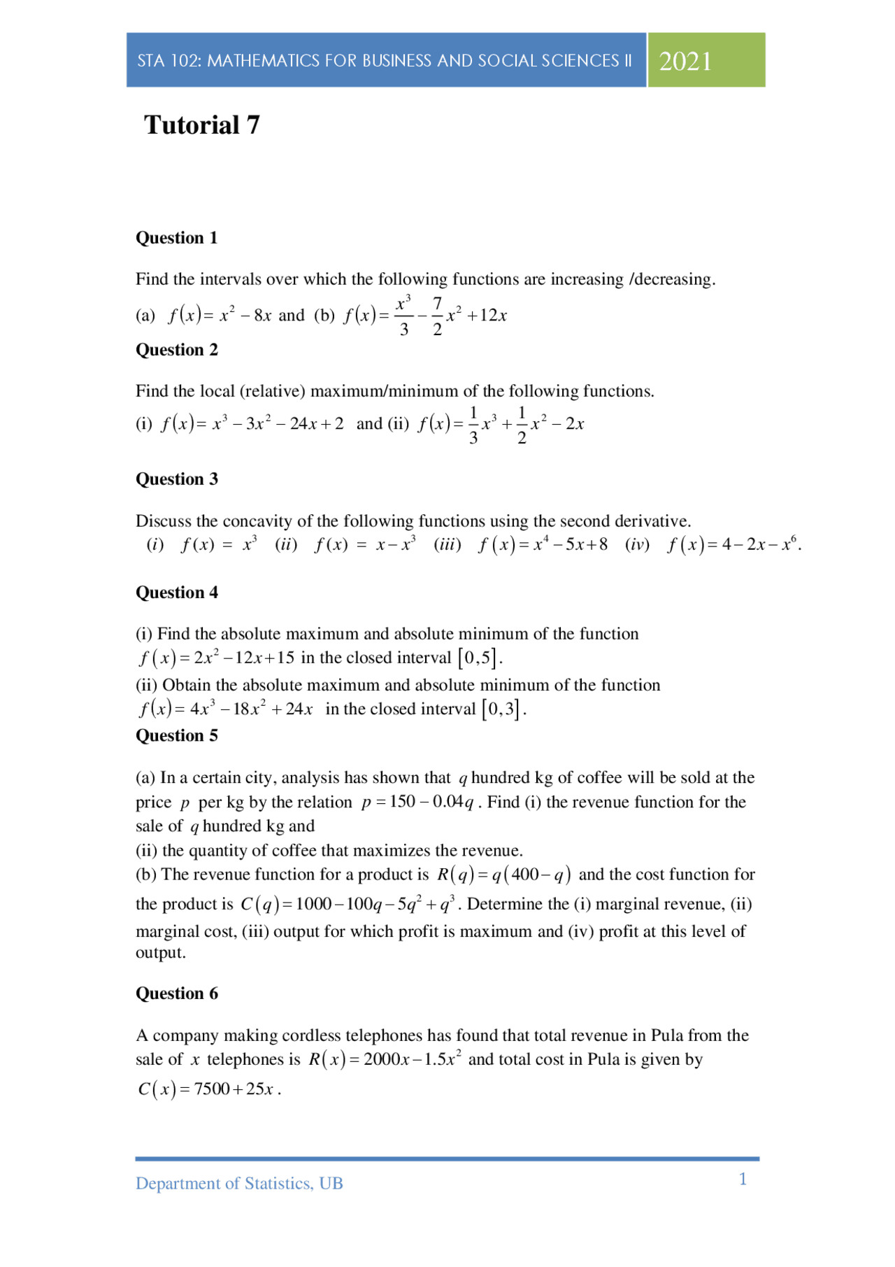 Sta102 Tutorial 7.pdf | Exercises Statistics | Docsity