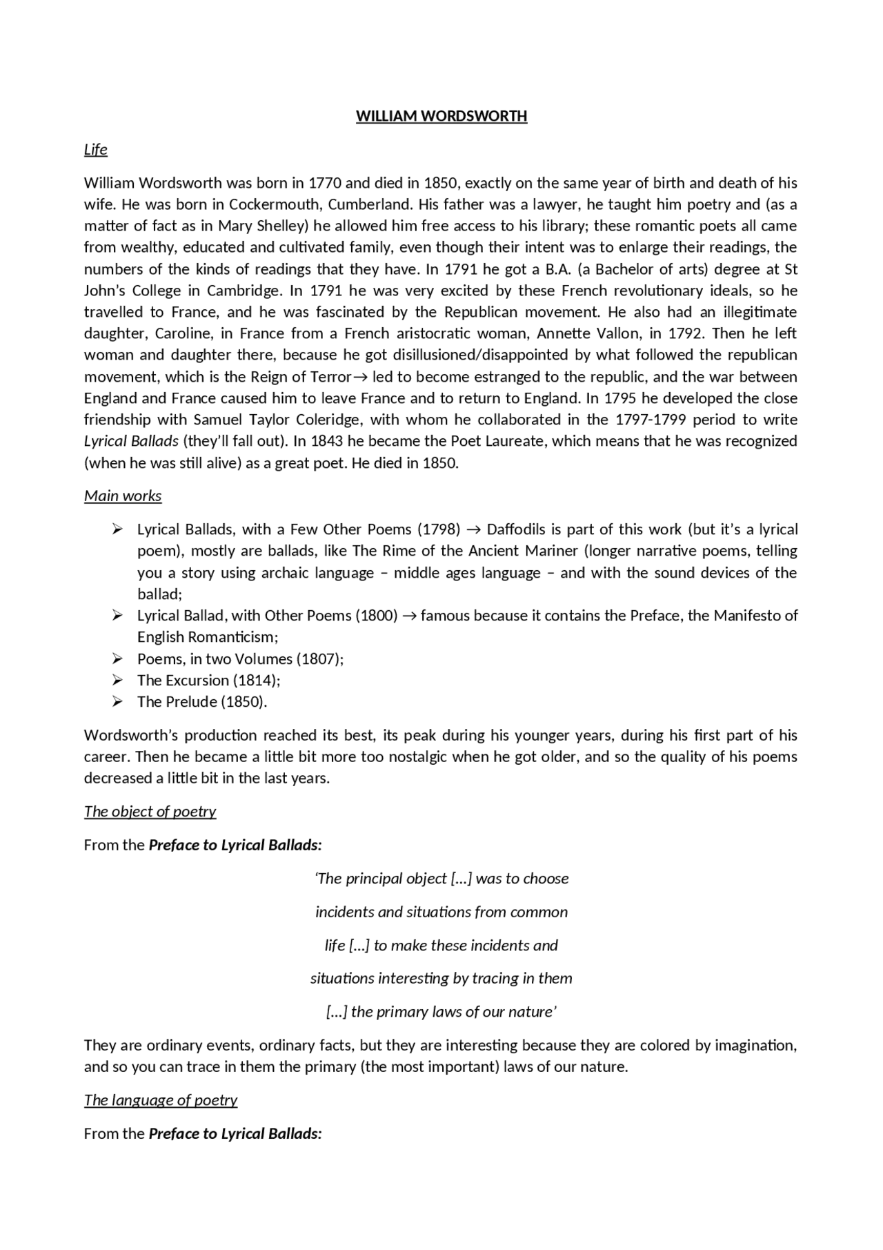 WILLIAM WORDSWORTH, LIFE, WORKS AND HIS POETRY - Docsity