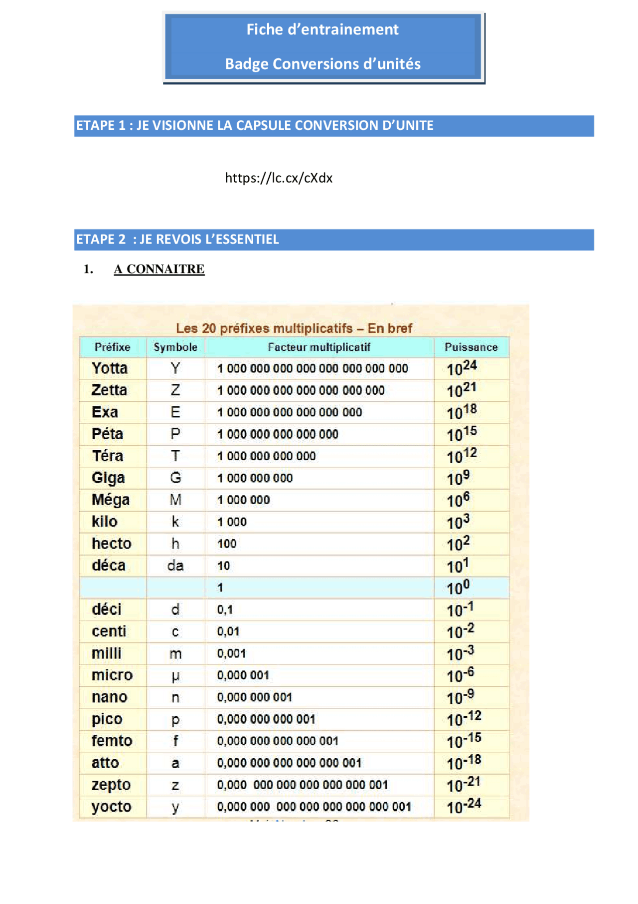Fiche d'entrainement - Badge Conversions d'unités - Docsity