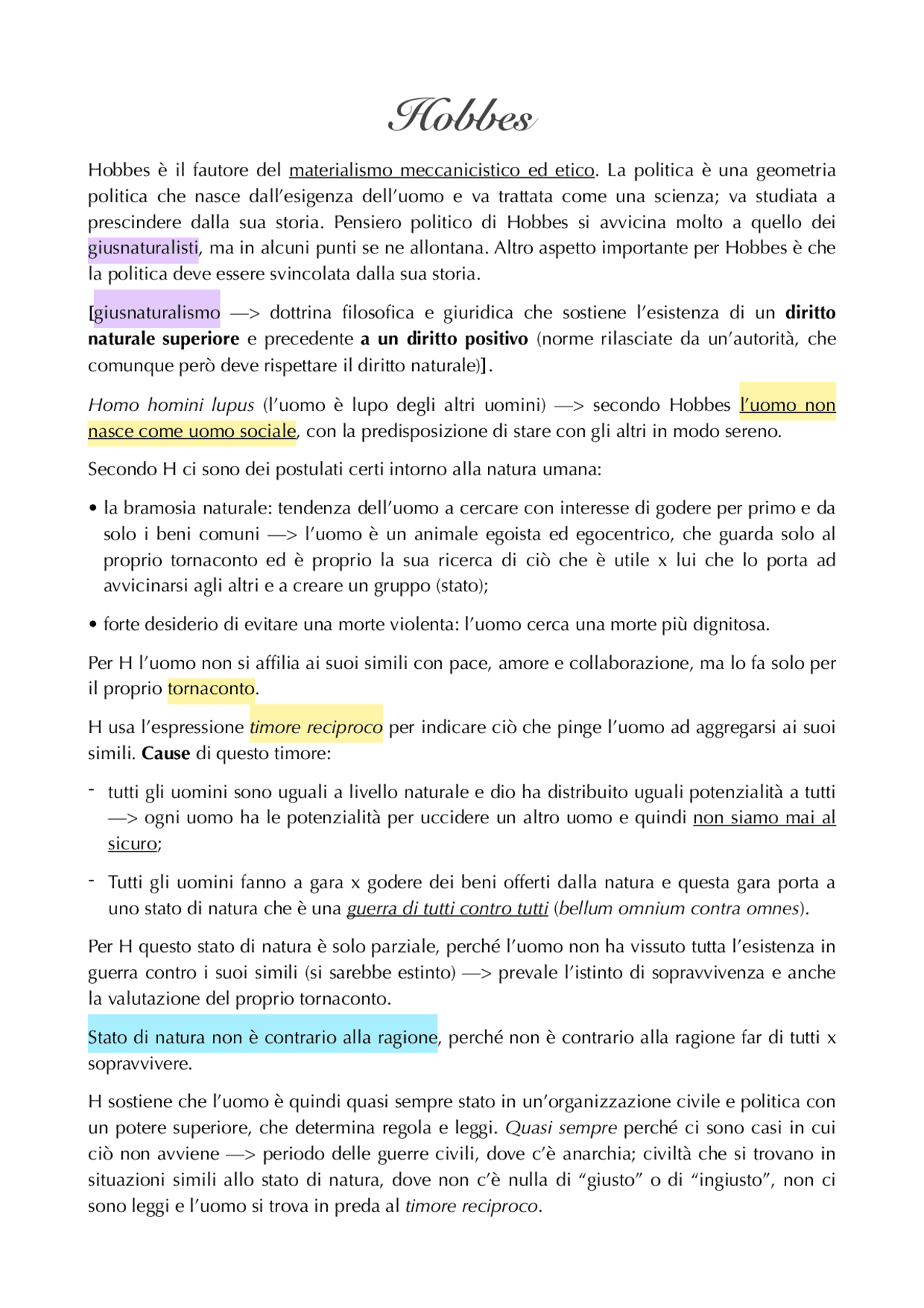 Appunti Di Filosofia Su Hobbes Docsity
