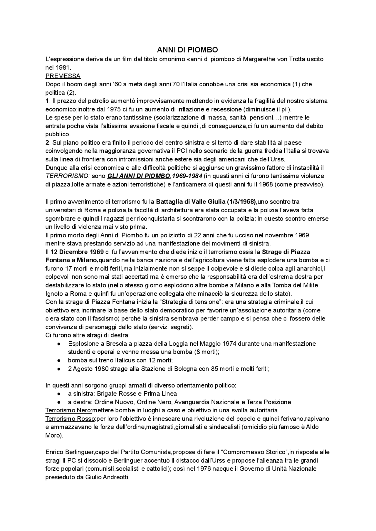 Appunti Storia Gli Anni Di Piombo Docsity
