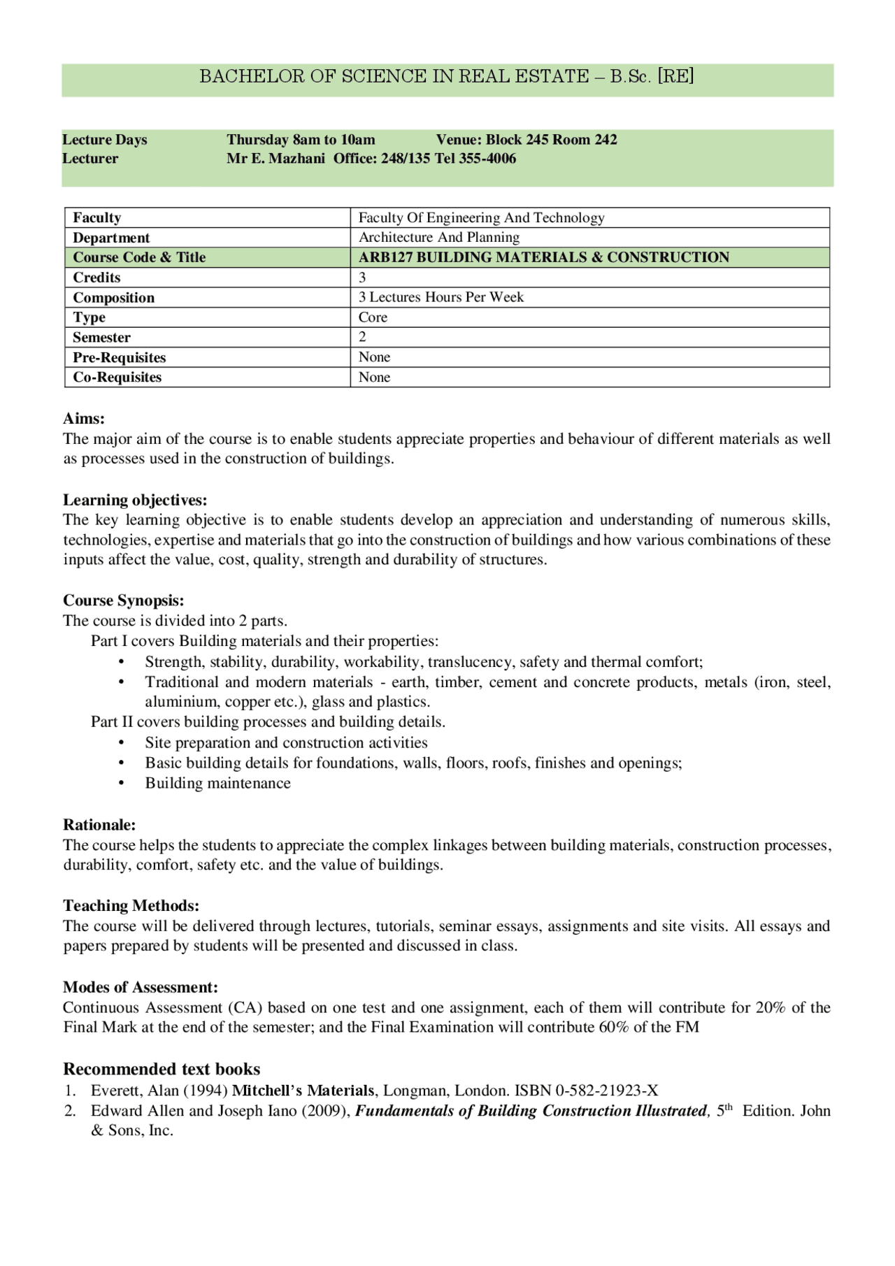 ARB 127 BUILDING MATERIALS & CONSTRUCTION - COURSE OUTLINE & LECTURE ...