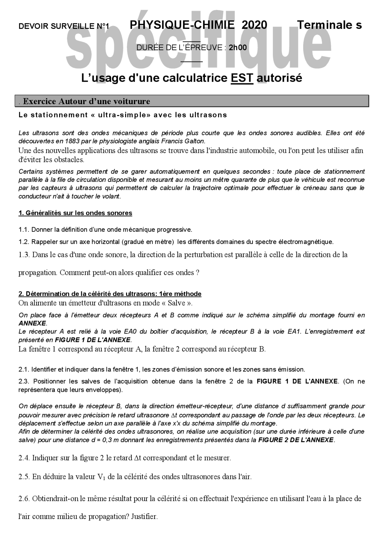Devoir Surveille N°1 Physique Chimie 2020 Exercices Physique Docsity