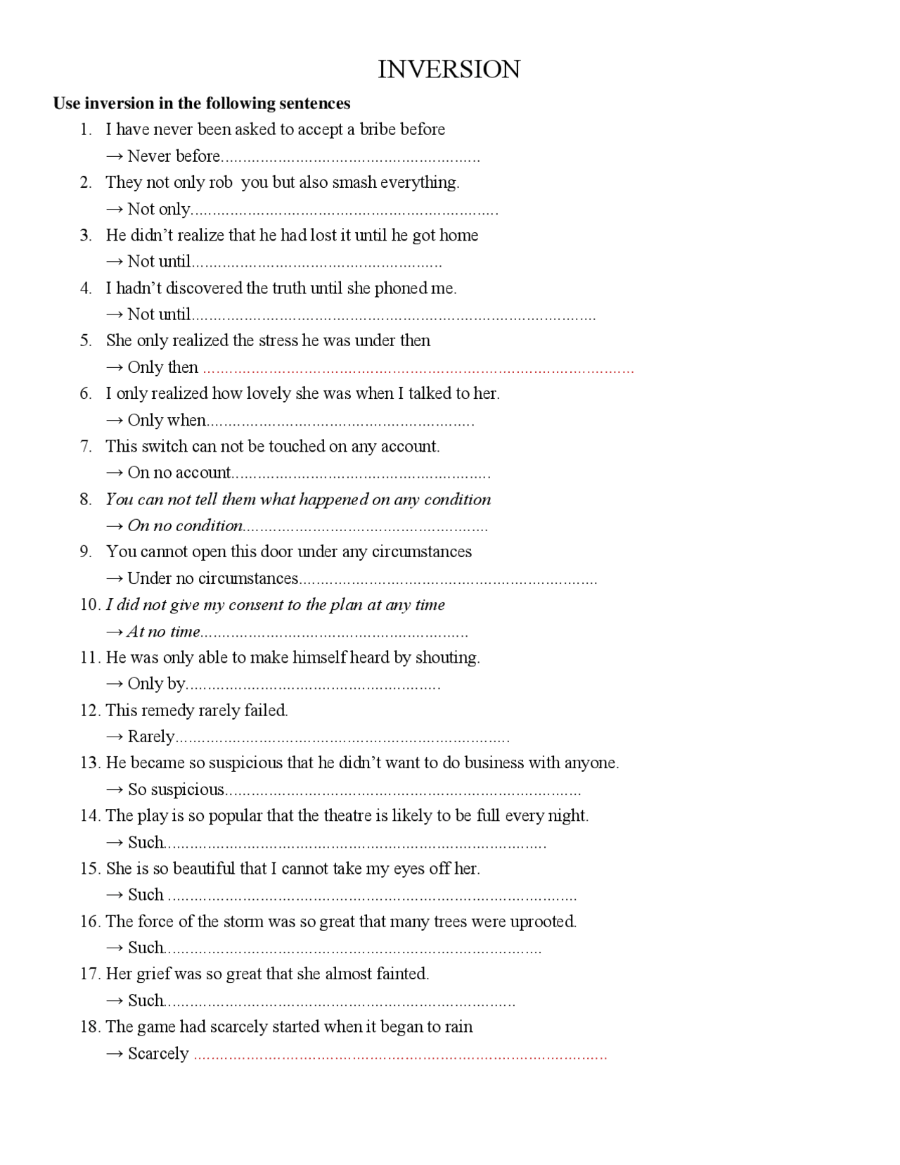 Inversion Exercise for Highschoolers - Docsity