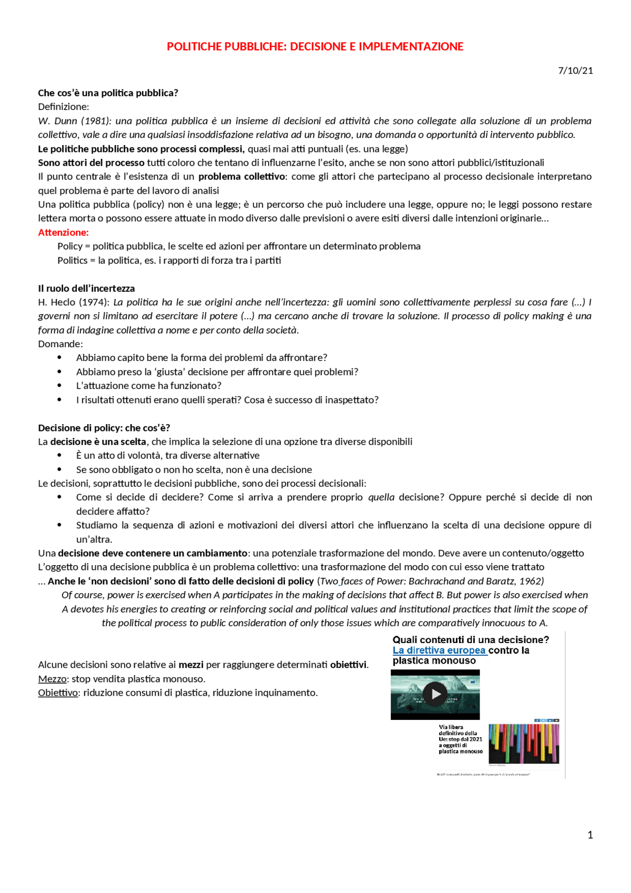 Politiche pubbliche: decisione e implementazione - Docsity