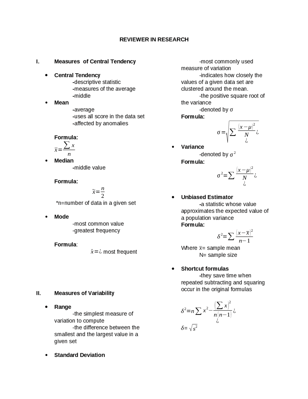 Statistics Formula And Definition Docsity