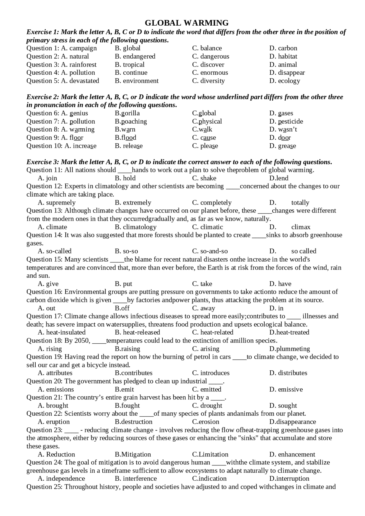Global Warming Related Vocabulary Exercise - Docsity