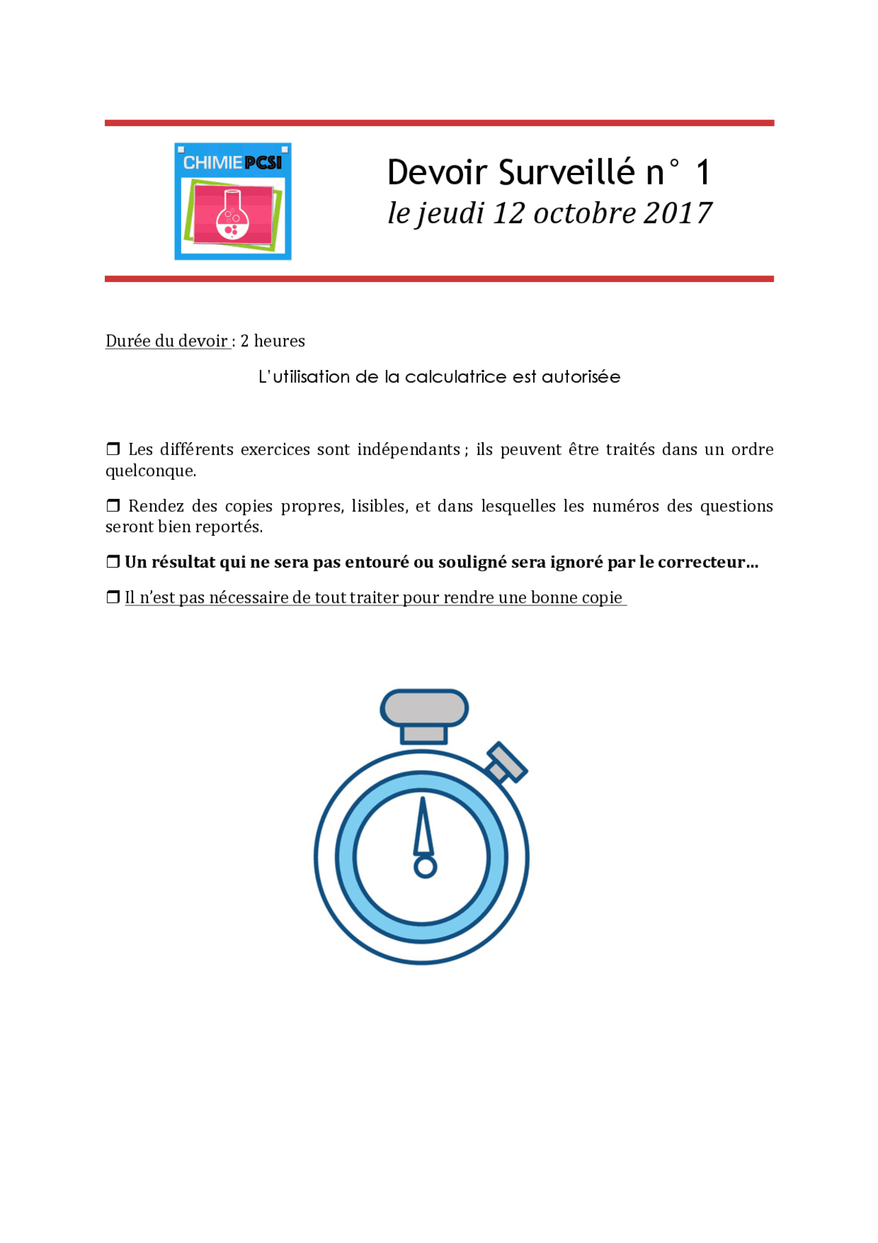 Devoir Surveillé n° 1 - Chimie en PCSI 2018 - Corrigé - Docsity