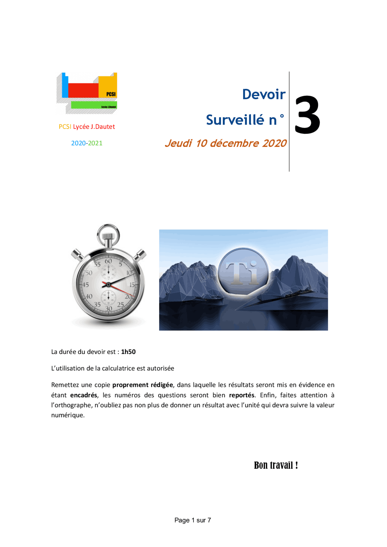 Devoir Surveillé N°3 Chimie En Pcsi Exercices Chimie Docsity