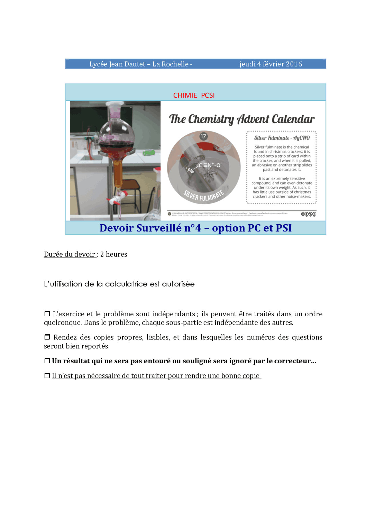 Devoir Surveillé N°4 Option Pc Et Psi Chimie En Pcsi Exercices