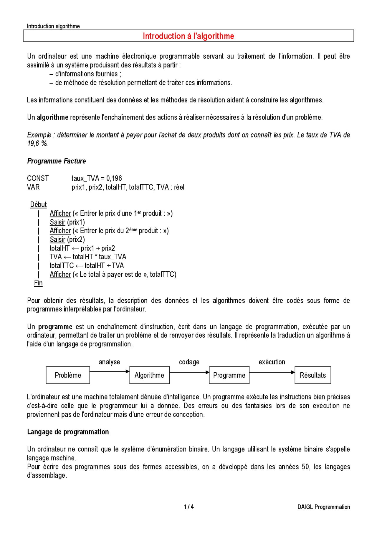 Introduction à Lalgorithme Docsity