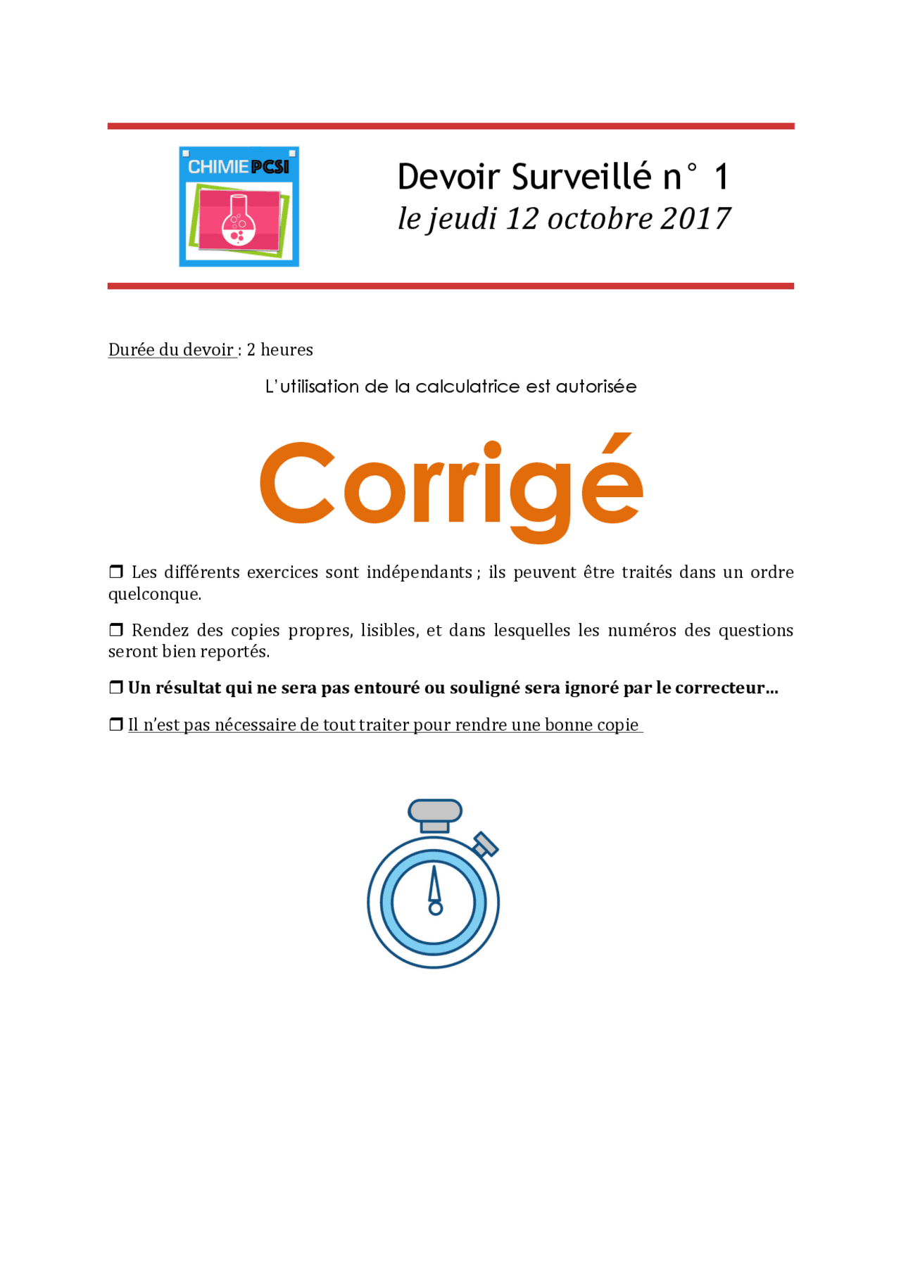 Devoir Surveillé n° 3 - Chimie en PCSI 2017 - Corrigé | Exercices Chimie | Docsity