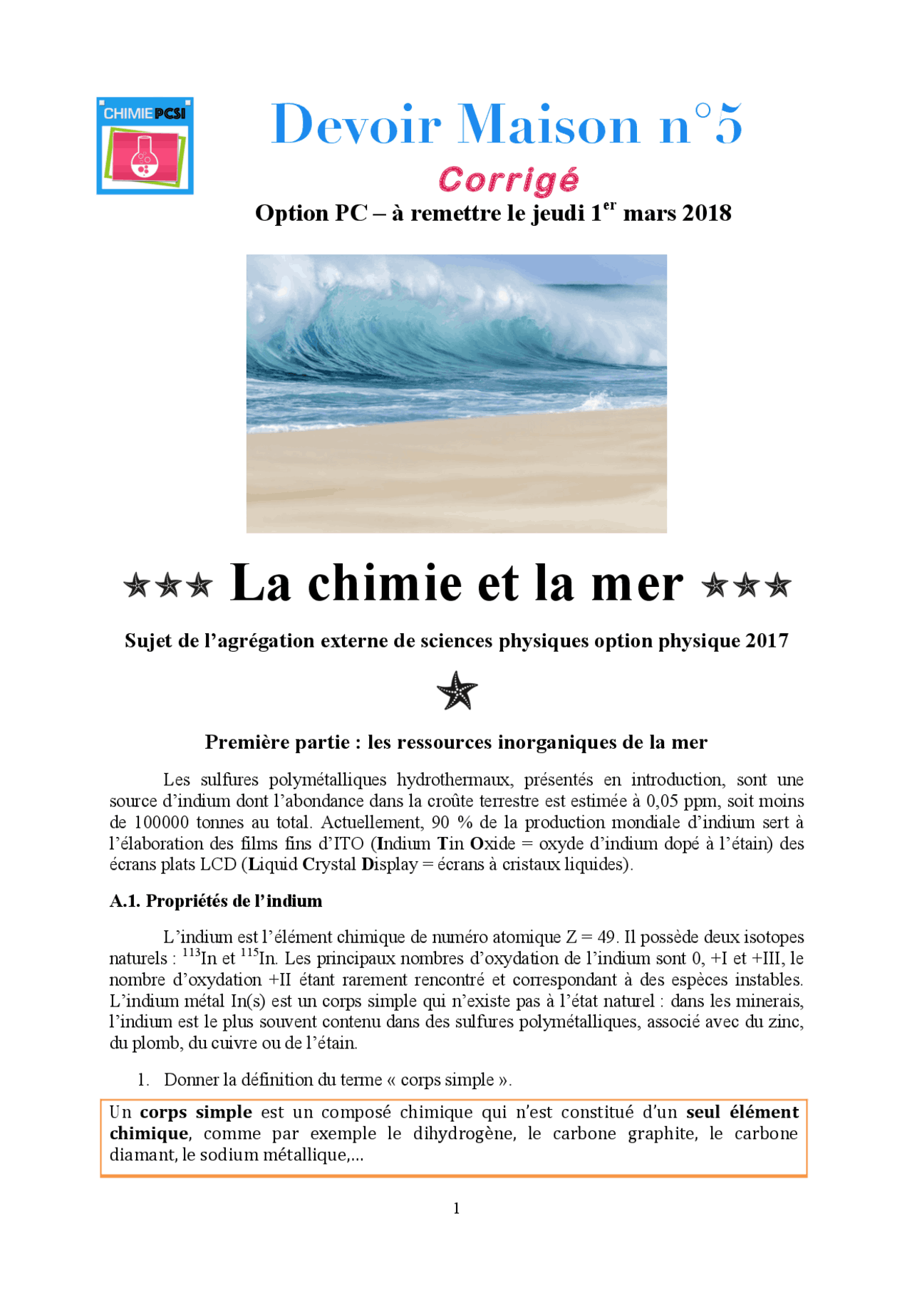 Devoir Surveillé N° 1 Chimie En Pcsi 2017 Docsity