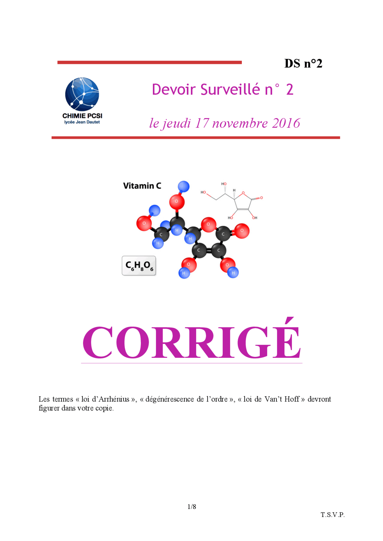 Corrigé Devoir Surveillé n° 3 - Chimie en PCSI 2016 - Docsity