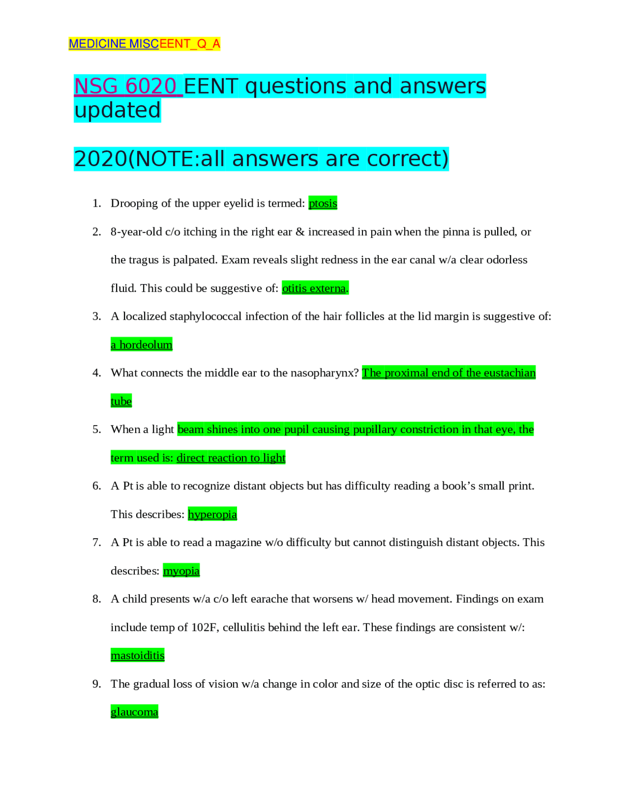 EENT Questions and Answers in Medicine | Exams Nursing | Docsity